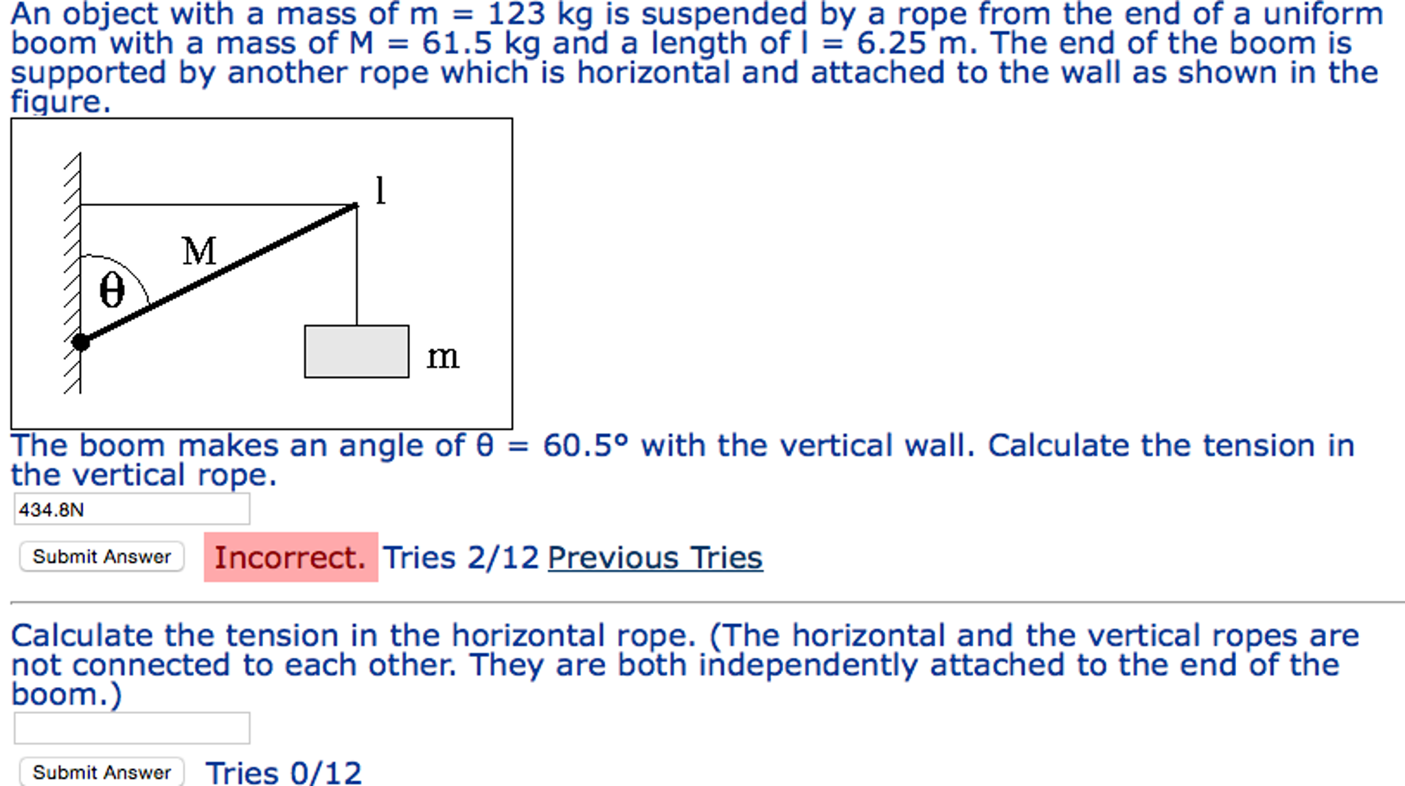 Solved An object with a mass of m = 123 kg is suspended by a | Chegg.com