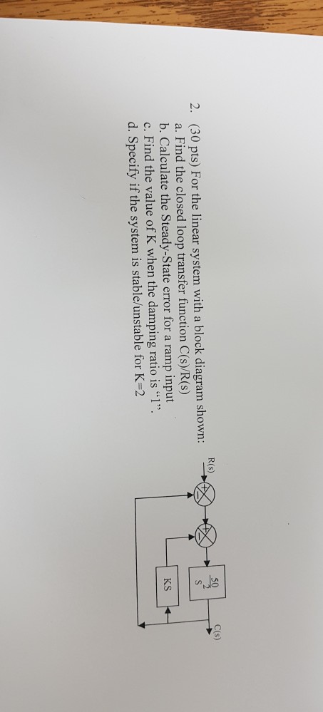 Solved 2. (30 pts) For the linear system with a block | Chegg.com