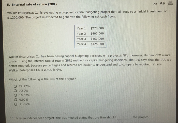 Solved Walker Enterprises Co. is evaluating a proposed | Chegg.com