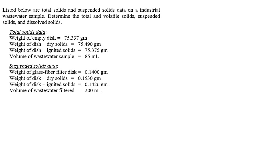 Solved Listed below are total solids and suspended solids | Chegg.com