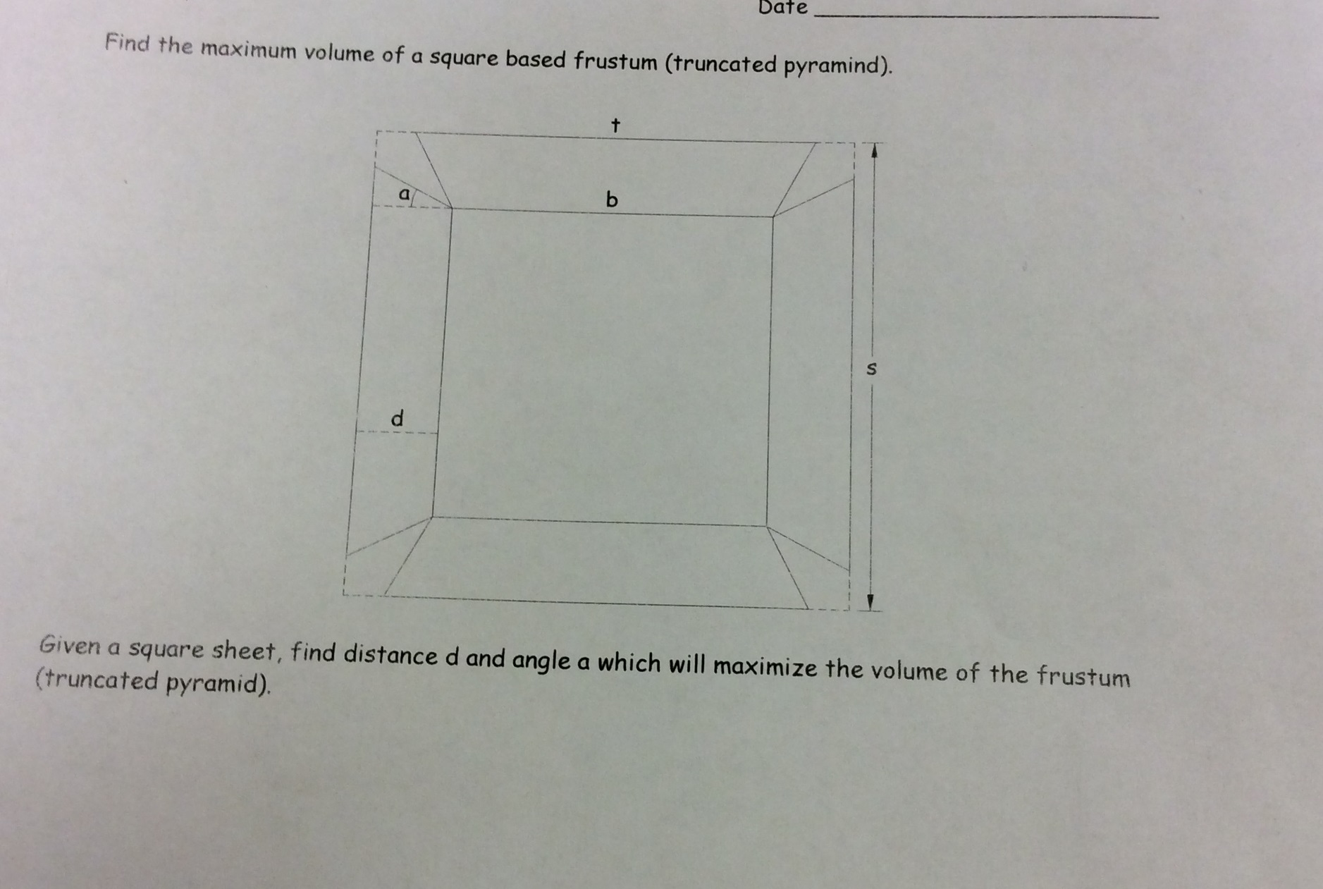 Solved Find the maximum volume of a square based frustum | Chegg.com