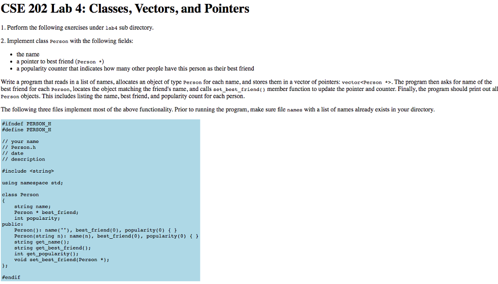 Cse 202 Lab 4 Classes Vectors And Pointers 1 