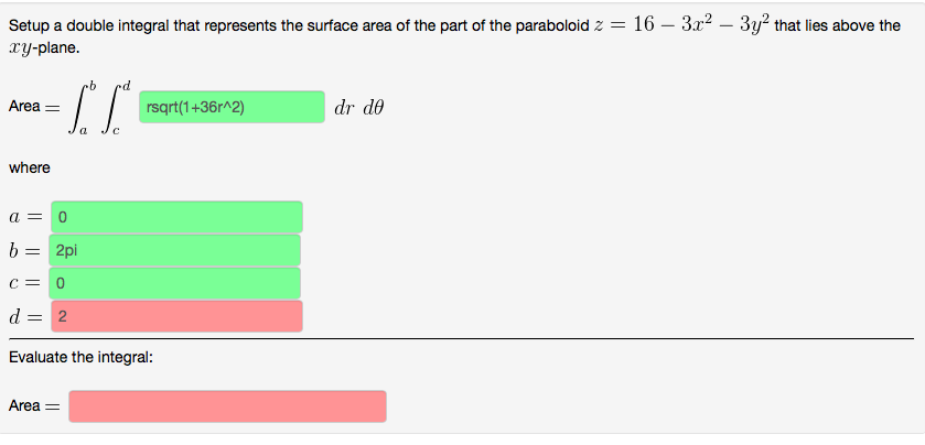 Solved Setup a double integral that represents the surface | Chegg.com