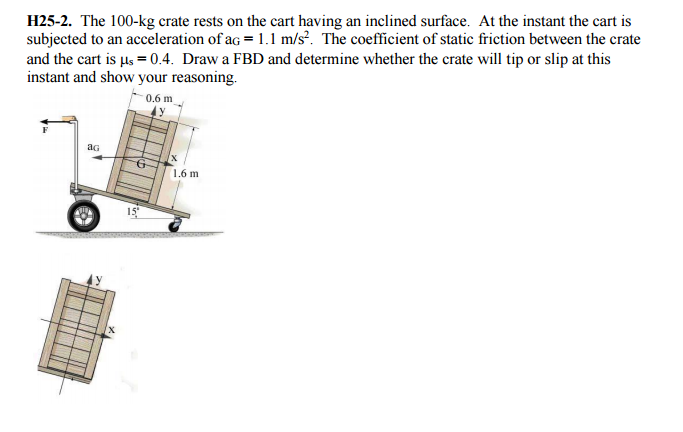 Solved The 100-kg crate rests on the cart having an inclined | Chegg.com