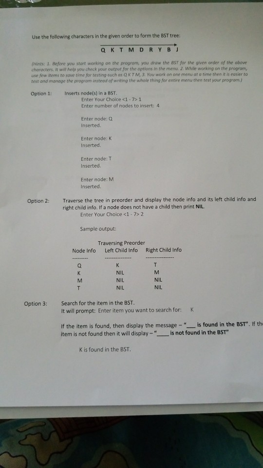 Solved ASSIGNMENT:BST earch tree (BST) of characters. The | Chegg.com