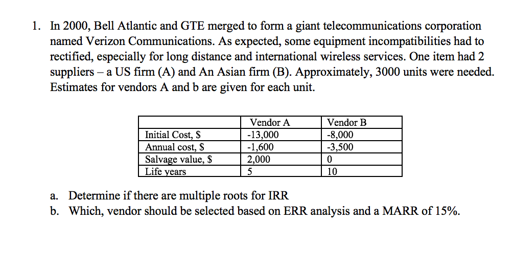 Solved 1. In 2000, Bell Atlantic and GTE merged to form a | Chegg.com