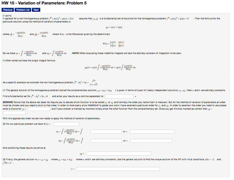 Solved HW 10 -Variation of Parameters: Problem 5 Previous8 | Chegg.com