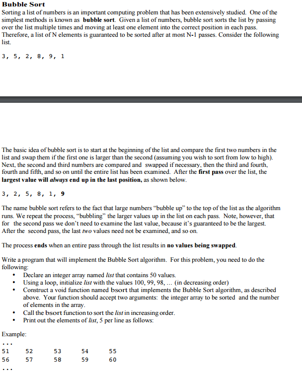 Solved Bubble Sort Sorting a list of numbers is an important | Chegg.com