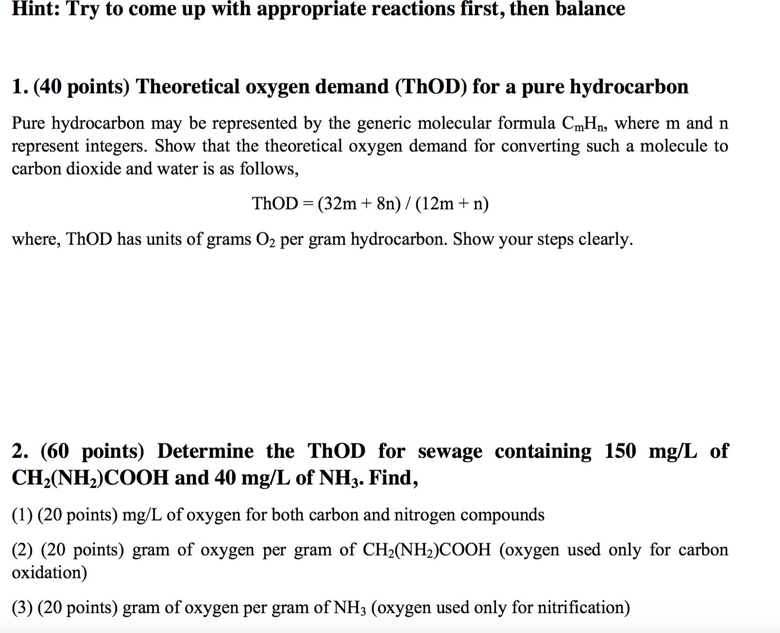 Solved Theoretical oxygen demand (ThOD) for a pure | Chegg.com
