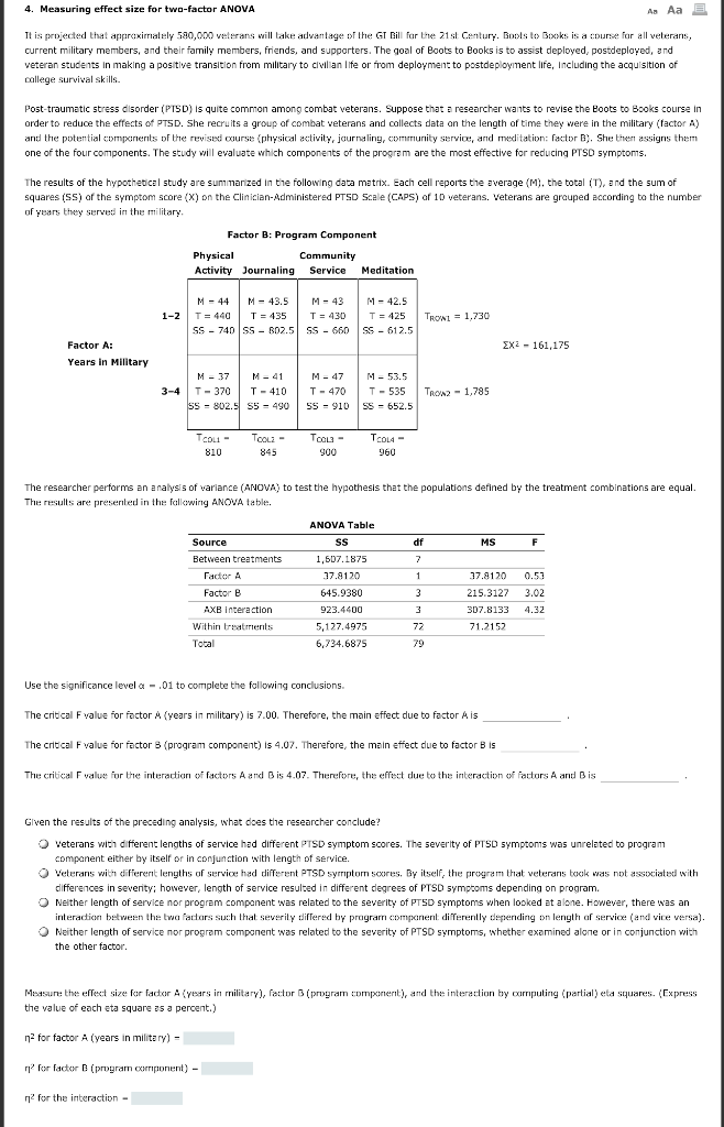 Solved 4. Measuring effect size for two-factor ANOVA As Aa | Chegg.com