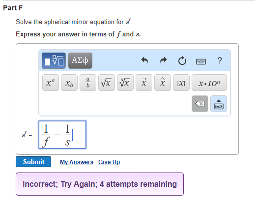 Solved Part F Solve the spherical mirror equation for s | Chegg.com