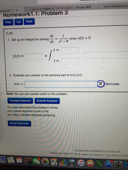 Solved Set up an integral for solving dy/dx = 1/x^2-9 when | Chegg.com
