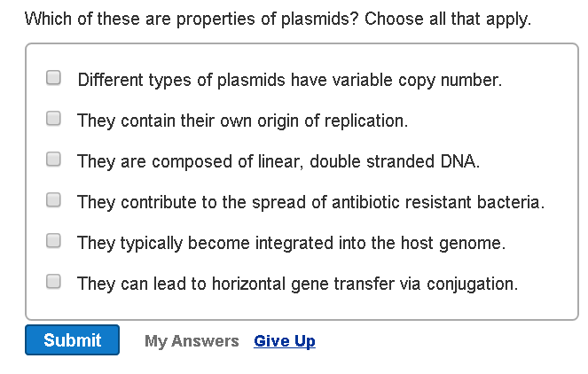 Solved Which of these are properties of plasmids? Choose all | Chegg.com