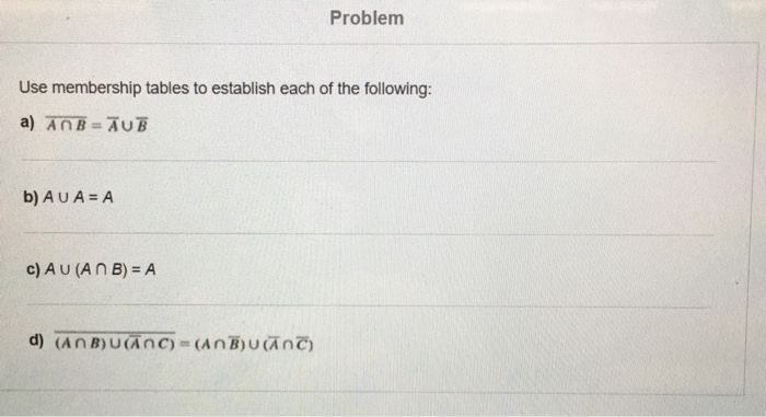 Solved Problem Use membership tables to establish each of | Chegg.com