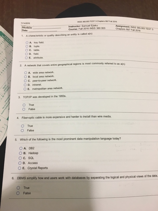 Solved A characteristic or quality describing an entity is | Chegg.com