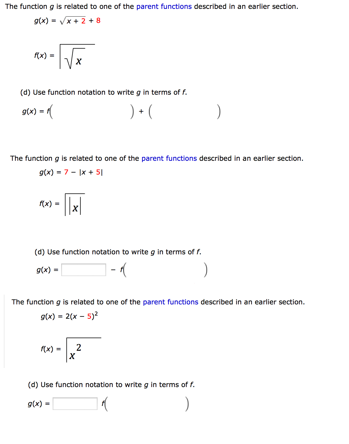 Solved The function g is related to one of the parent | Chegg.com