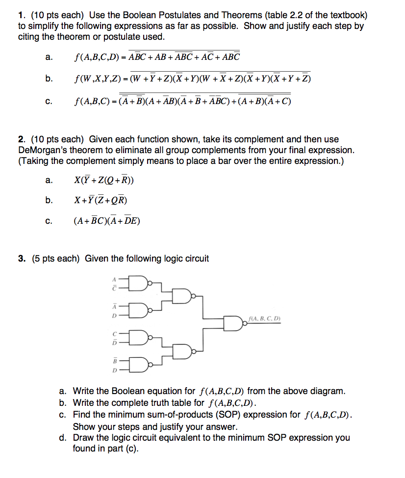 Solved 1. (10 pts each) Use the Boolean Postulates and | Chegg.com