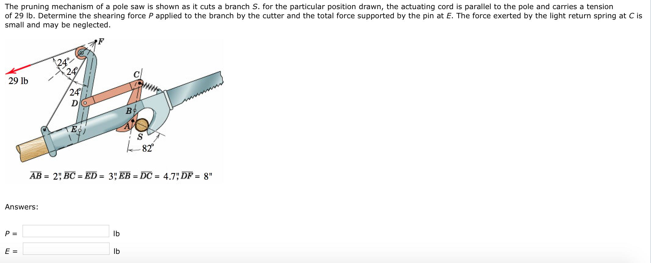 Solved The pruning mechanism of a pole saw is shown as it | Chegg.com
