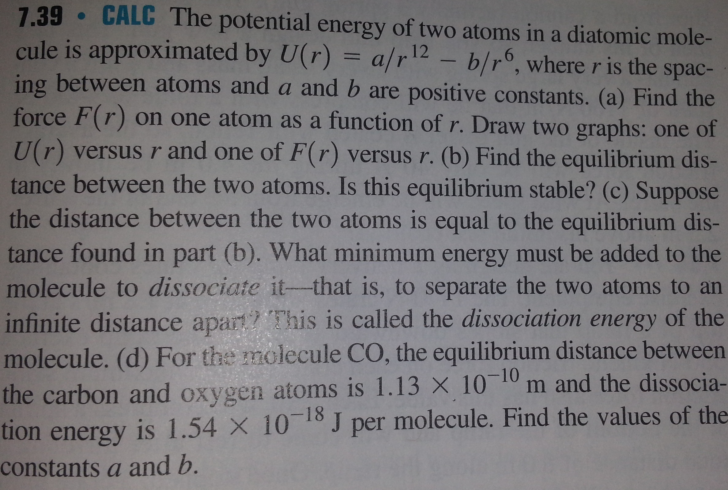 Solved CALC The potential energy of two atoms in a diatomic | Chegg.com