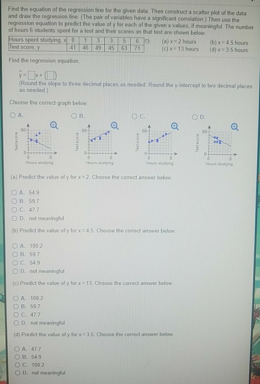 Solved Find the equation of the regression line for the | Chegg.com