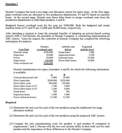 Solved Demski Company has used a two-stage cost allocation | Chegg.com