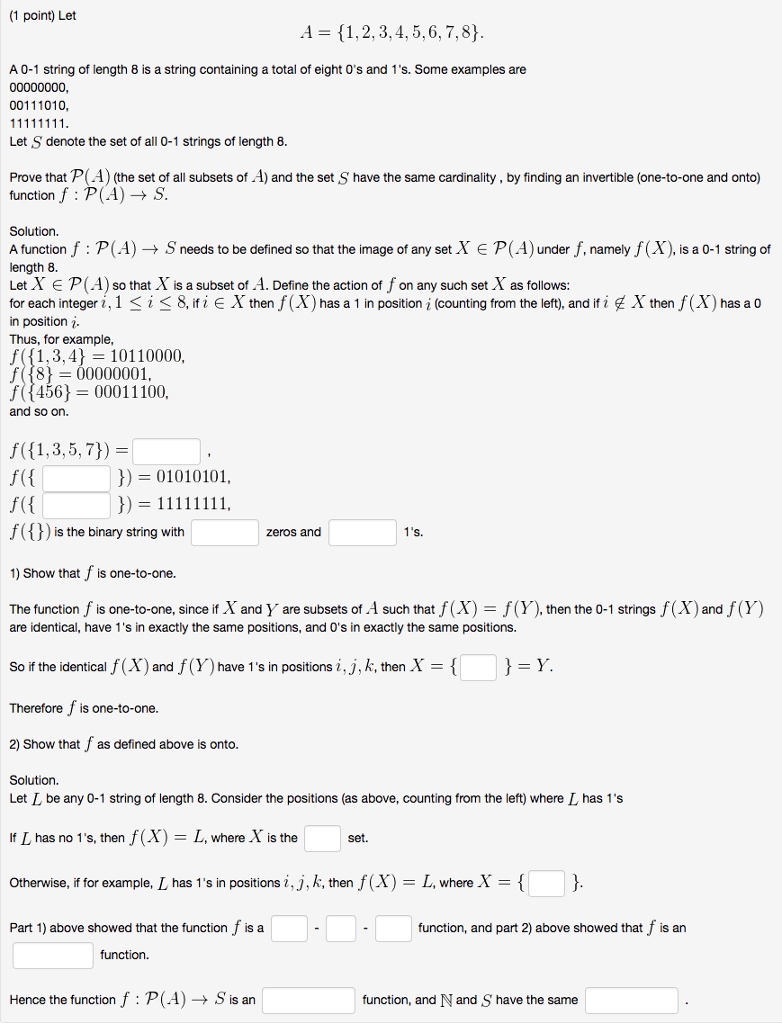 Solved (1 point) Let A={1.2. 3.4, 5, 6, 7, 8} A 0-1 string | Chegg.com