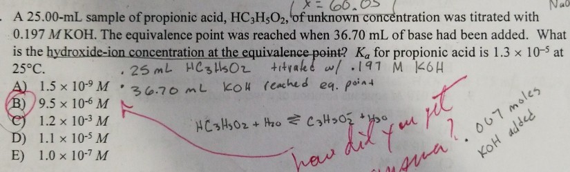 Solved Nal A 25.00-mL sample of propionic acid, HC3HsO2, of | Chegg.com