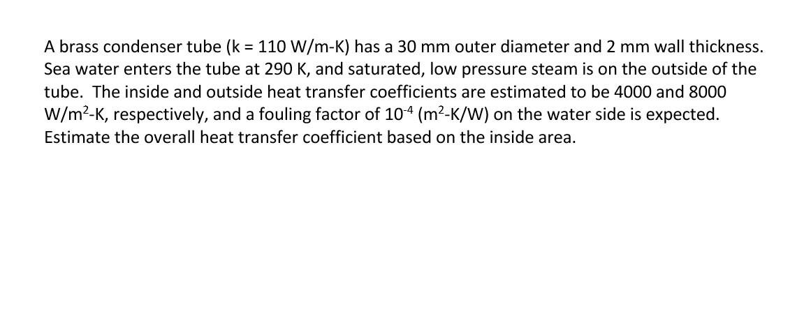 Solved A brass condenser tube (k = 110 W/m-K) has a 30 mm | Chegg.com