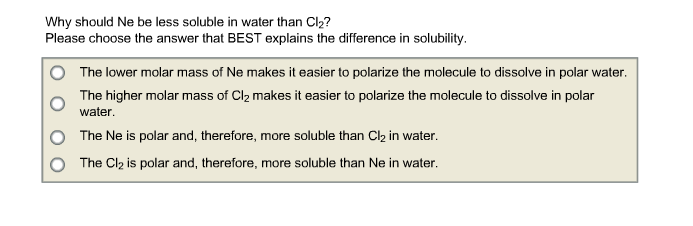 Solved Why should Ne be less soluble in water than Cl2? | Chegg.com