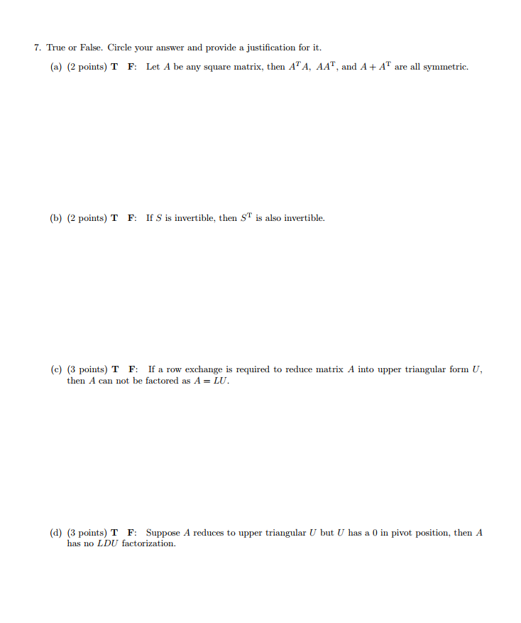 Solved . True or False. Circle your answer and provide a | Chegg.com