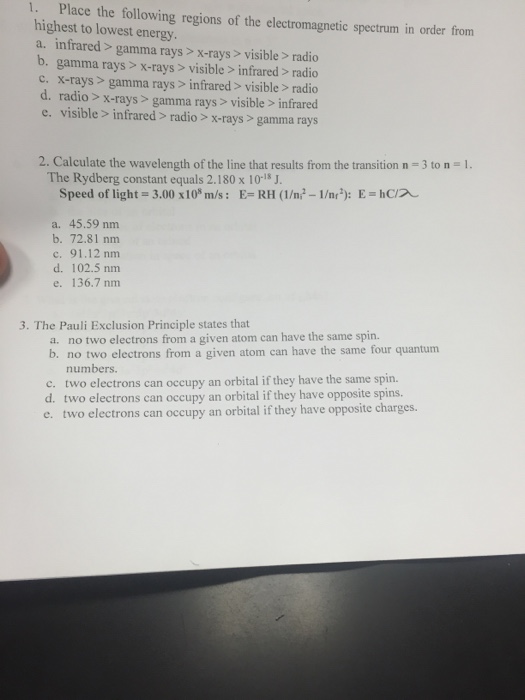 Solved Place the following regions of the electromagnetic | Chegg.com