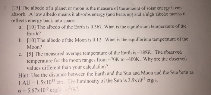 Solved The albedo of a planet or moon is the measure of the | Chegg.com