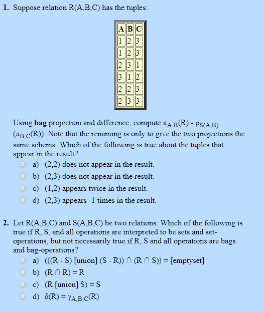 Solved 1. Suppose relation R(A,B,C) has the tuples ABC | Chegg.com Solved 1. Suppose relation R(A,B,C) has the tuples ABC | Chegg.com