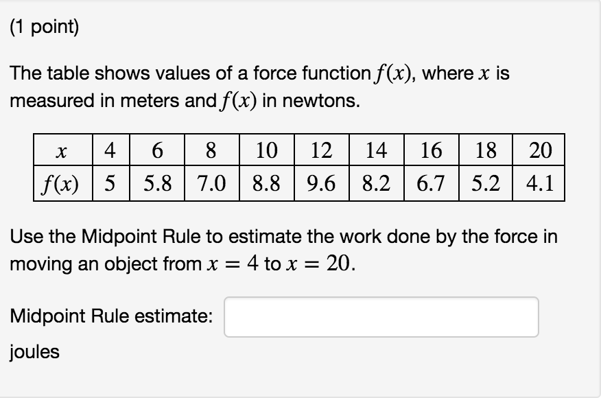 Solved (1 point) The table shows values of a force function | Chegg.com