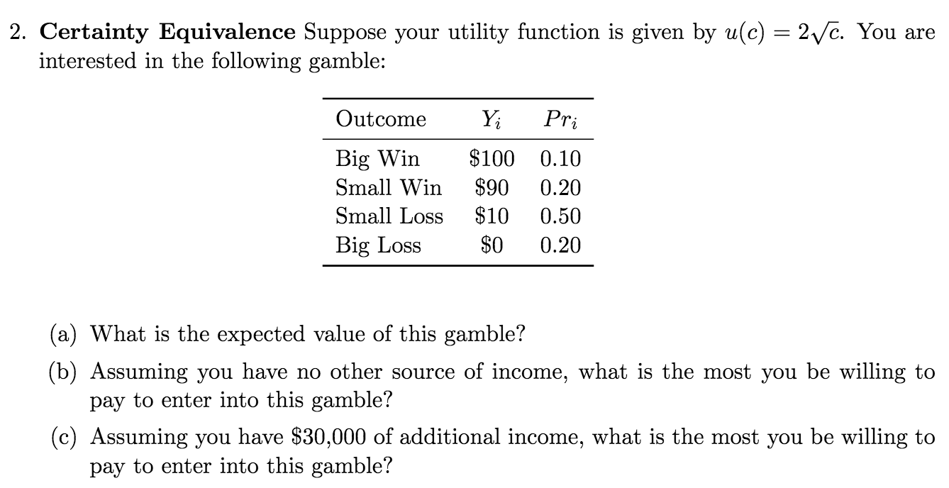 Solved Suppose your utility function is given by u(c) = 2 | Chegg.com