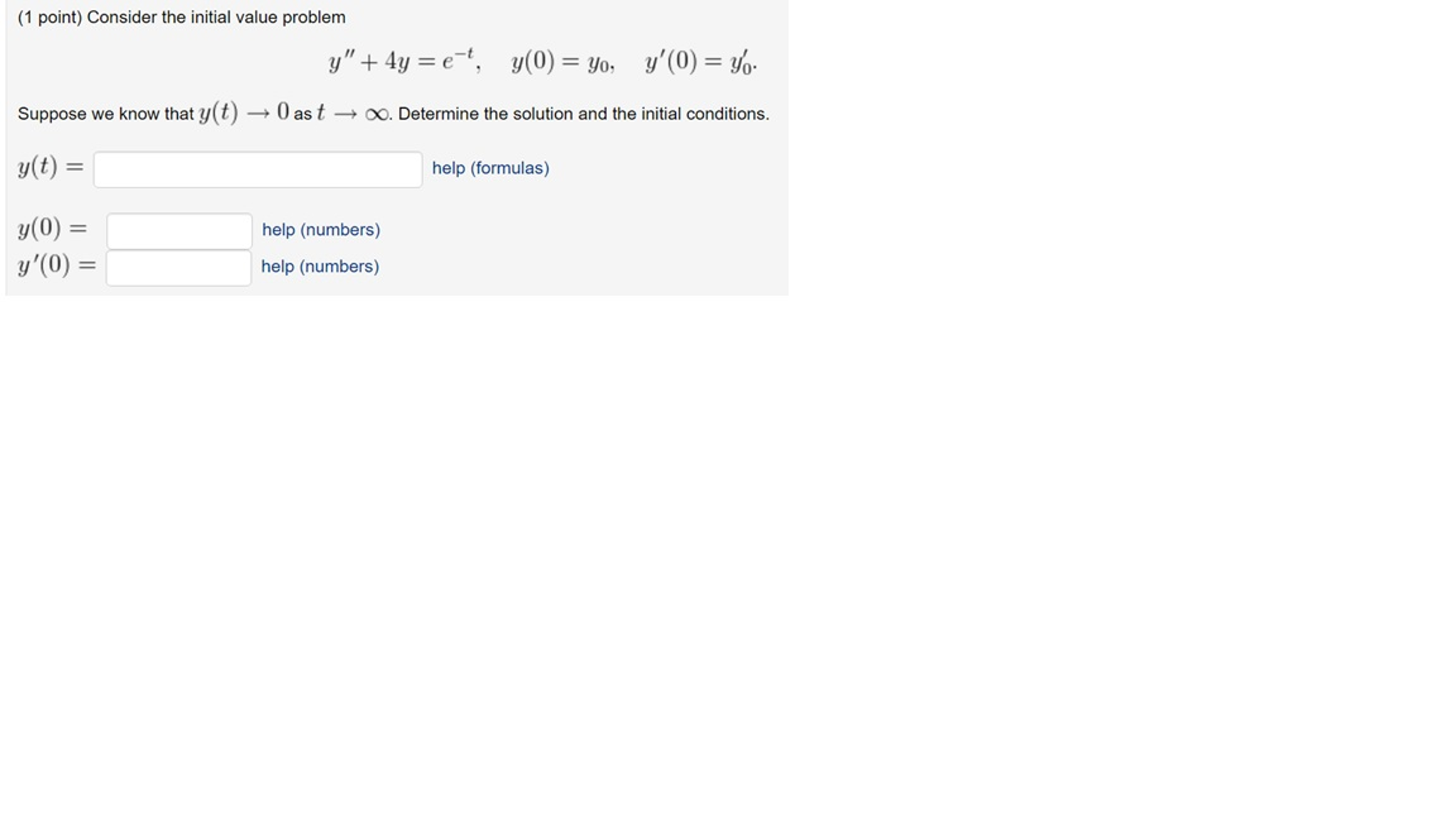 Solved Consider the initial value problem y" + 4y = e^-t, | Chegg.com