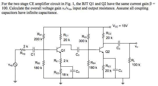 Solved For the two stage CE amplifier circuit in Fig. 1, the | Chegg.com
