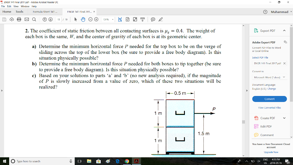 Solved ENGR 141 Final 201pdt - Adobe Acrobat Reader Dc File | Chegg.com