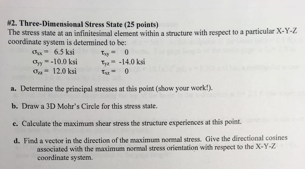 Solved Three-Dimensional Stress State The stress state at | Chegg.com