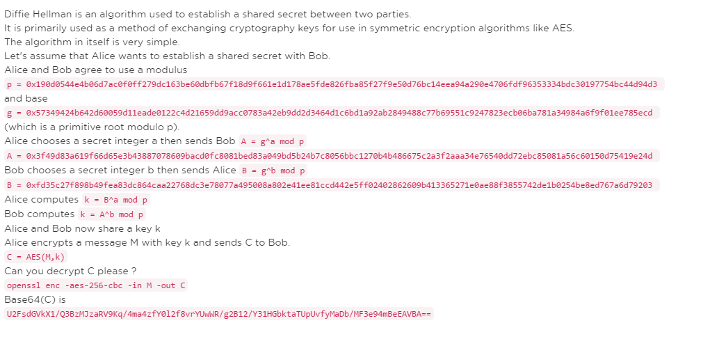 Solved Diffie Hellman is an algorithm used to establish a | Chegg.com
