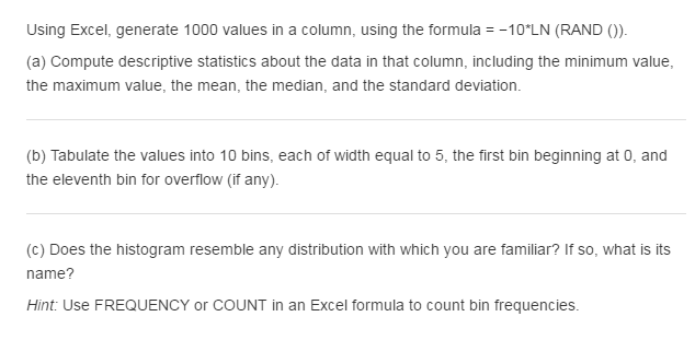 Solved Using Excel Generate 1000 Values In A Column Using 