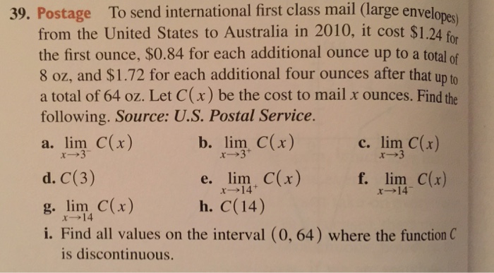 Solved 39. Postage To send international first class mail | Chegg.com