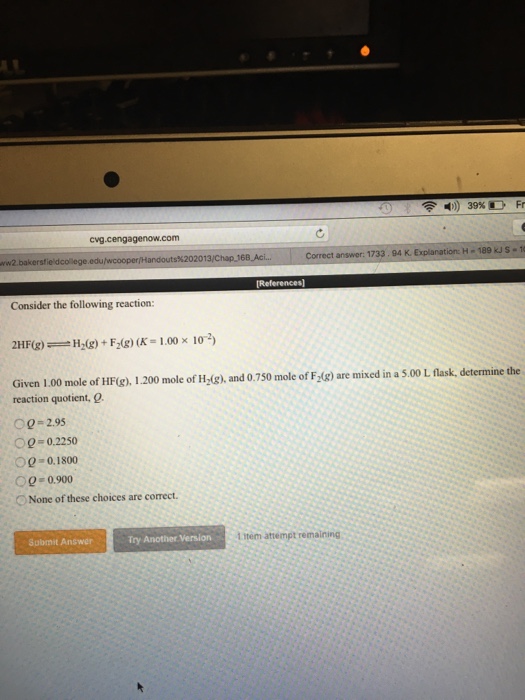 Solved Consider the following reaction: 2HF(g) H_2(g) + | Chegg.com