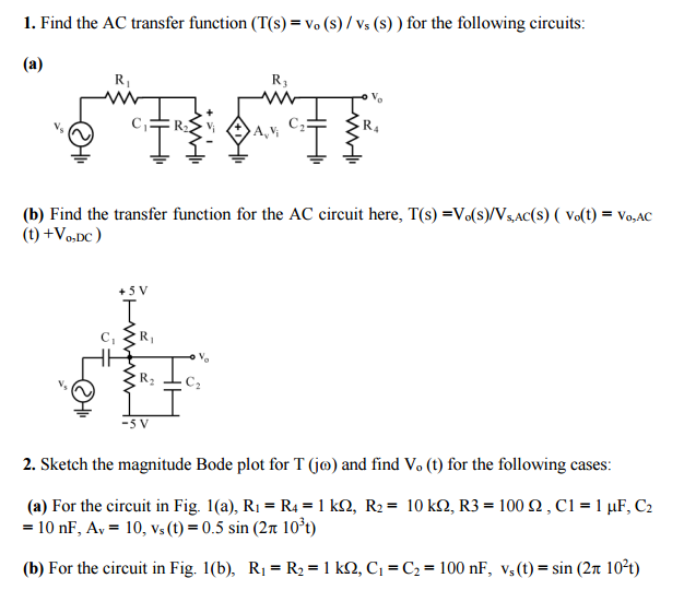Solved Find the AC transfer function (T(s) = v_0 (s)/v_s | Chegg.com