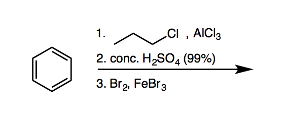 Solved 1. 2, conc. H2SO4 (99%) 3. Br2, FeBra CI, AlCl3 | Chegg.com