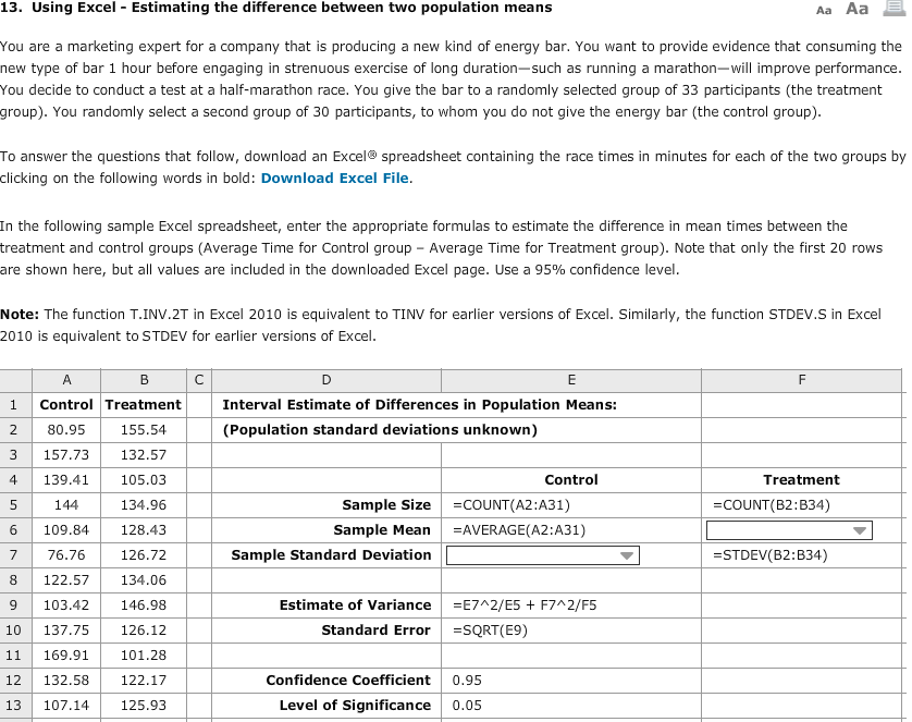 Solved 13. Using Excel - Estimating the difference between | Chegg.com