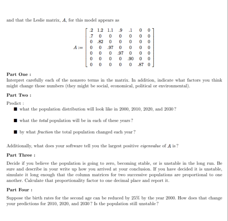 Linear Algebra Project : Urban Population Dynamics | Chegg.com