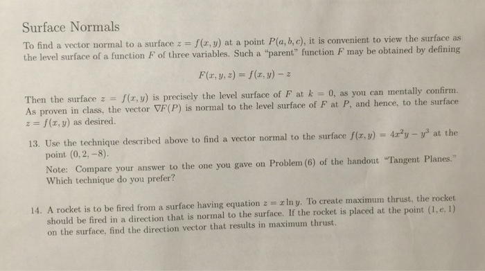 Solved Surface Normals To find a vector normal to a surface | Chegg.com