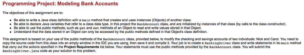 Solved Programming Project: Modeling Bank Accounts The | Chegg.com
