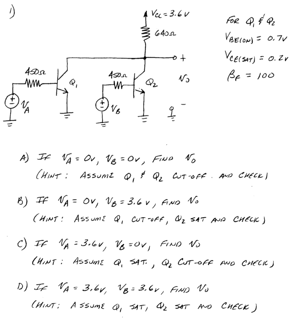 Solved For Q1 and Q2 Vbe(on) = 0.7 V, Vce(sat) = .2 V, and | Chegg.com